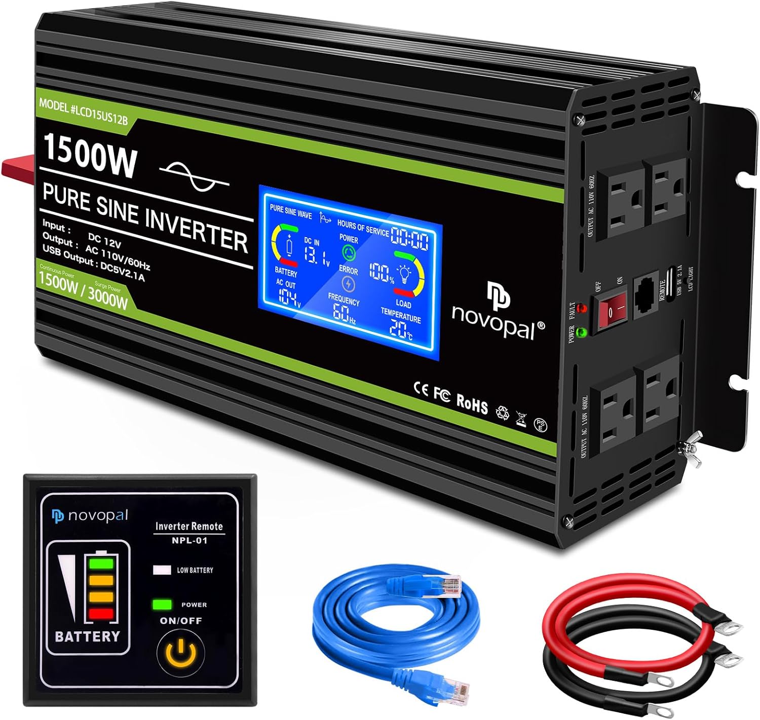 Novopal 1500 watt Pure Sine Wave Power Inverter DC 12V to 110V/120V ...