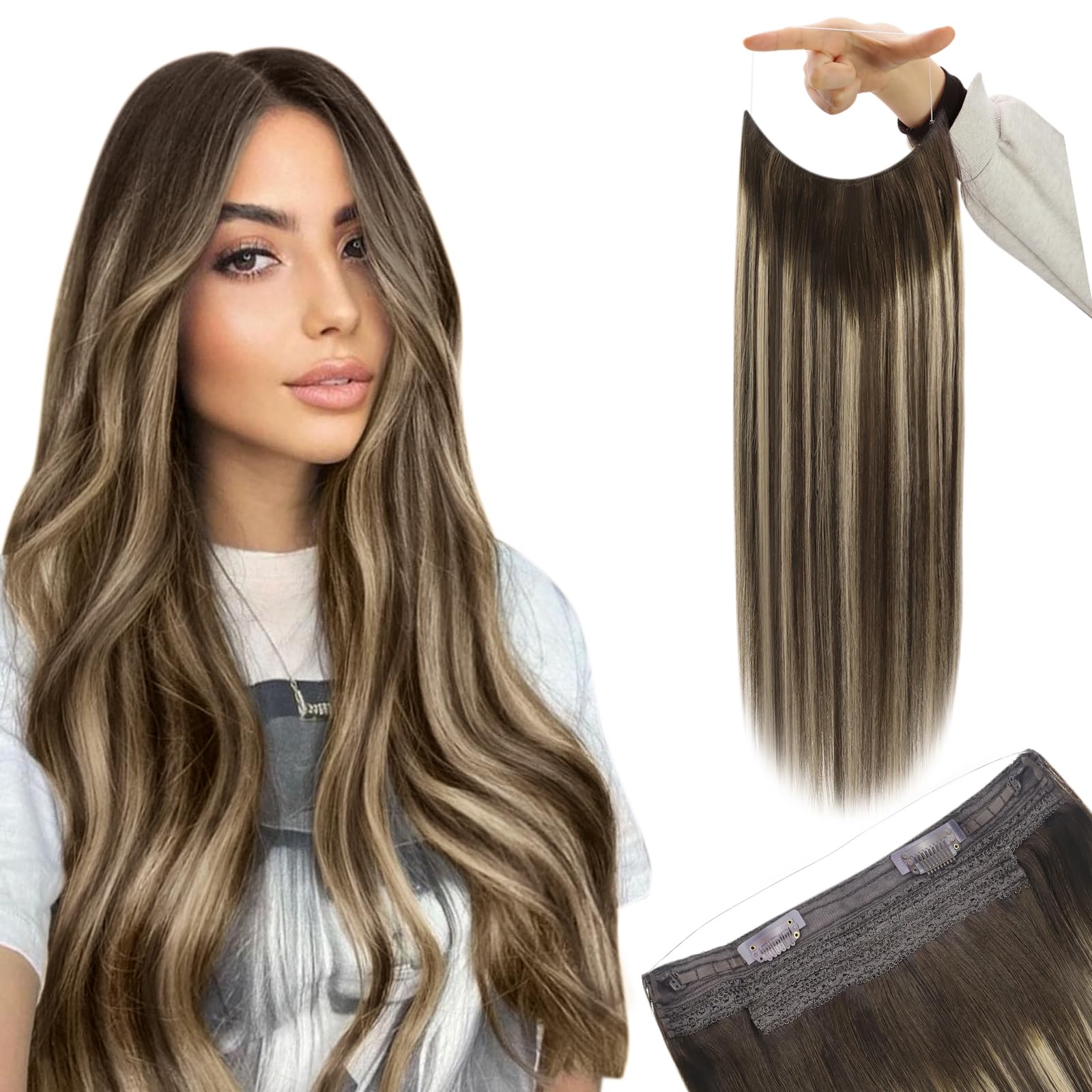 Amazon.com : YoungSee Wire Hair Extensions Human Hair Balayage Brown ...