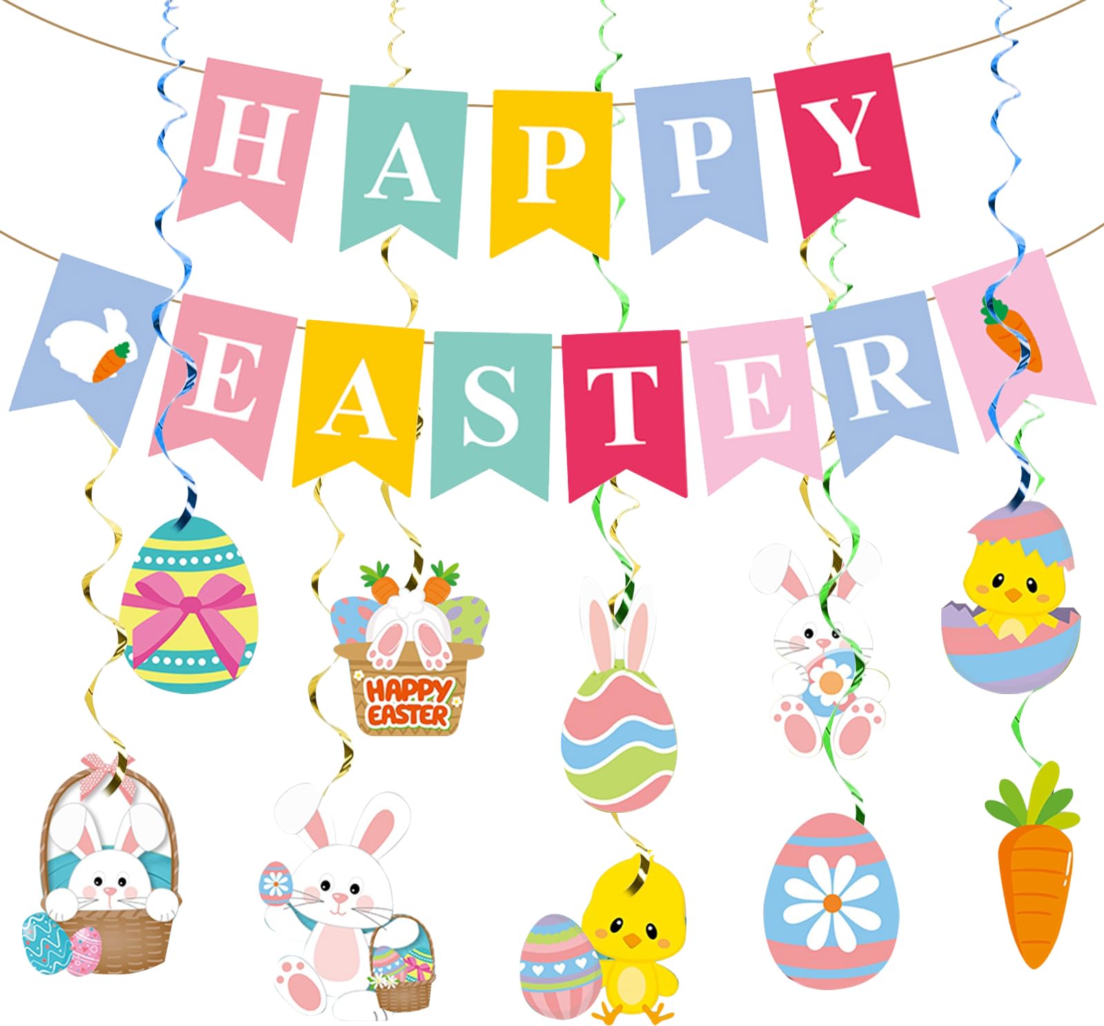 Amazon.com: Happy Easter Banner,Easter Garland,24Pcs Easter Eggs Bunny ...