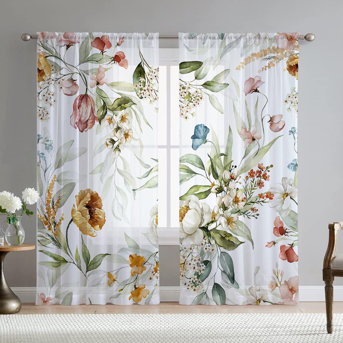 Amazon.com: Fereyis Floral Sheer Curtains for Living Room 96 inch ...