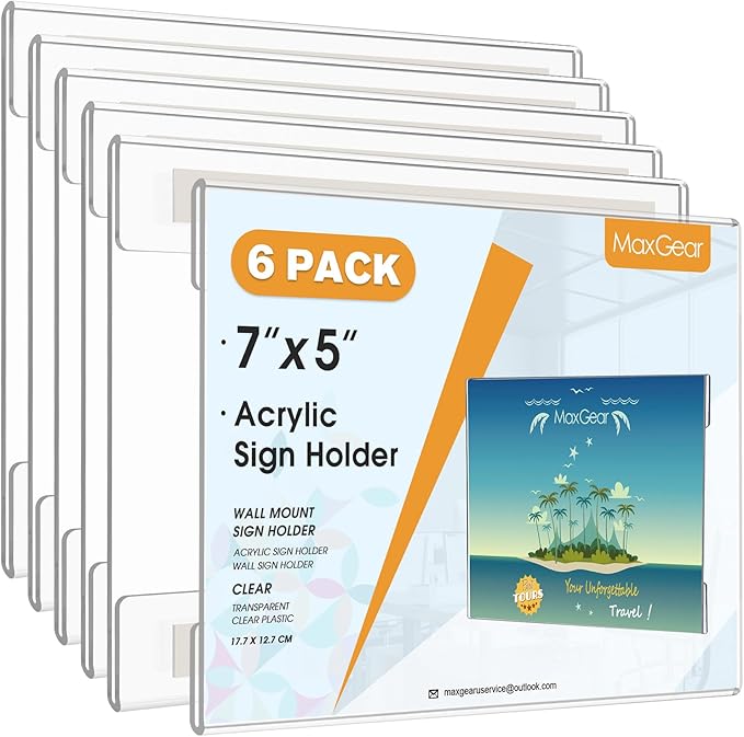 MaxGear 6 Pack Acrylic Sign Holder 5x7, Clear Plastic Wall Mount Sign ...