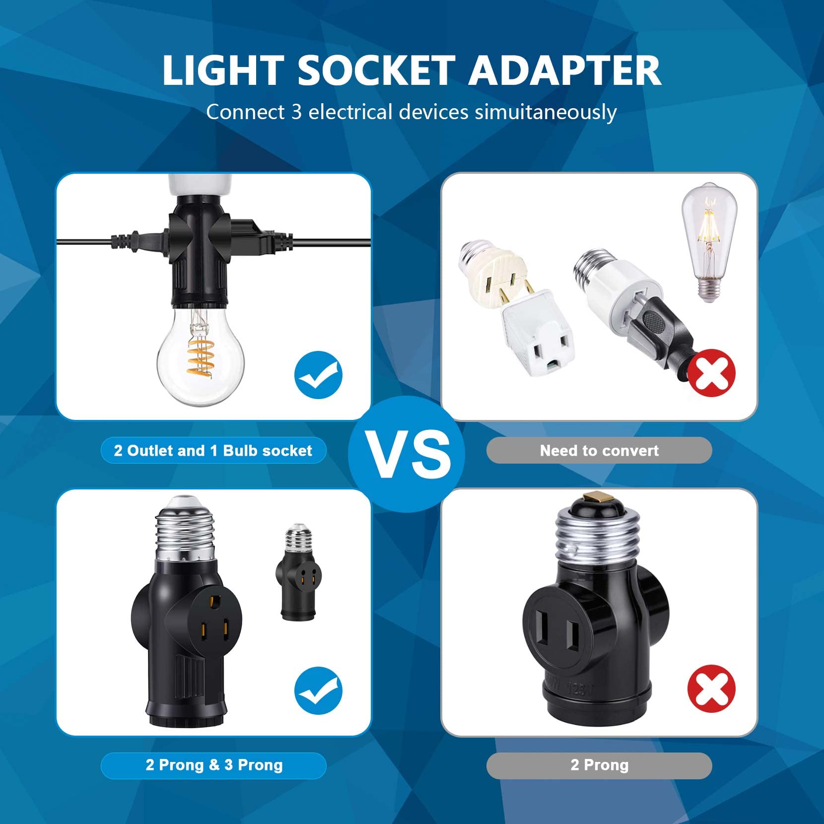 Snapklik.com : 2Pcs 3 Prong Light Socket To Plug Adapter, Polarized ...