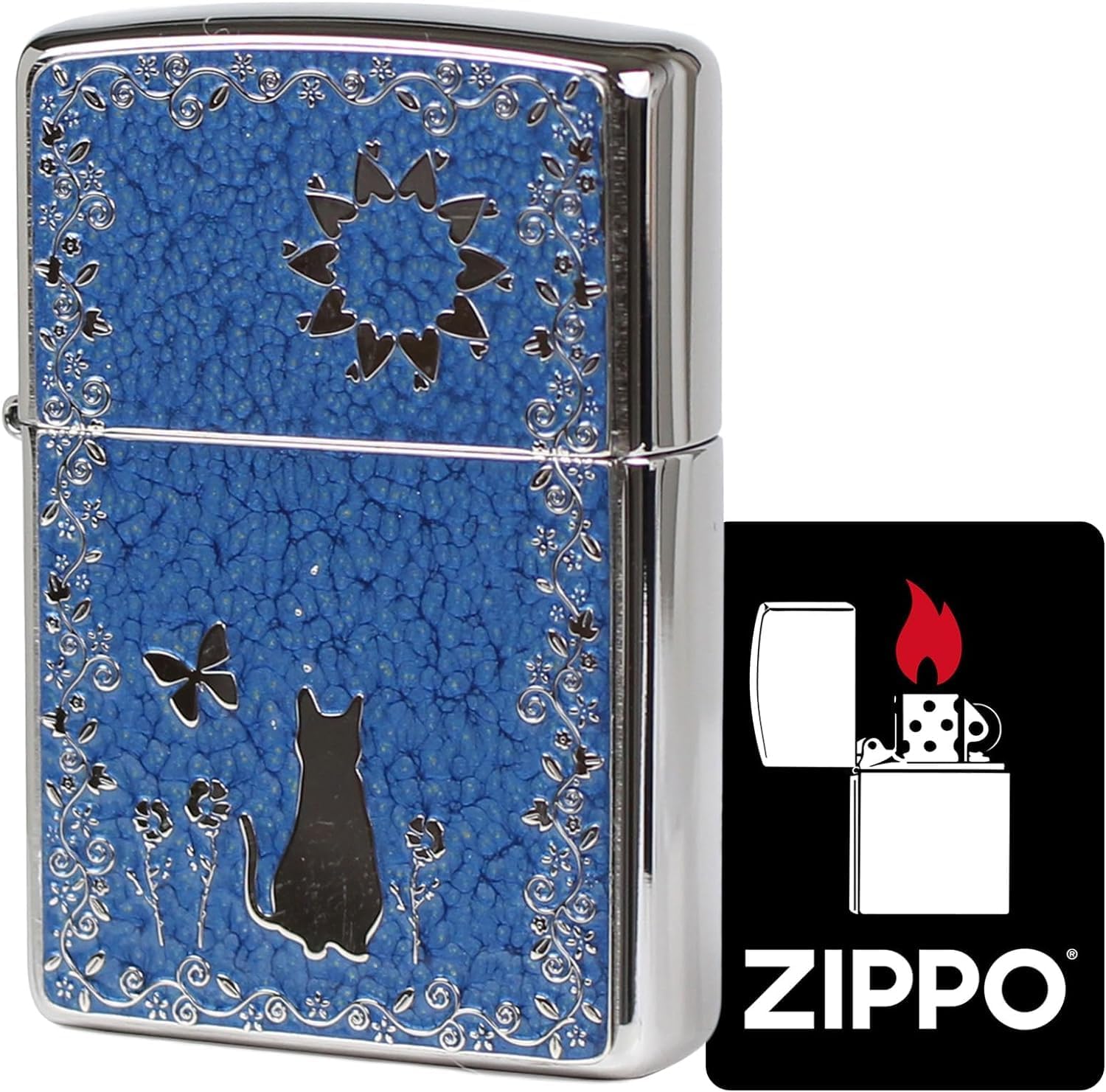 Amazon.com: Zippo Windproof Brass Double Sided Cat Lighter Blue with ...