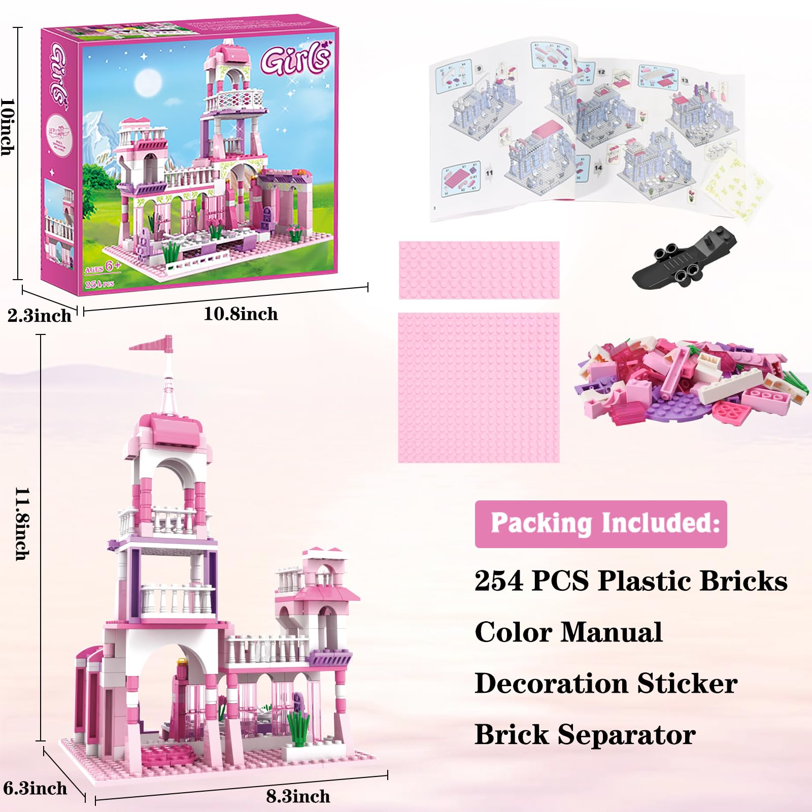 Dream Girls Castle Building Sets 254 Pieces Pink Palace Princess Castle ...