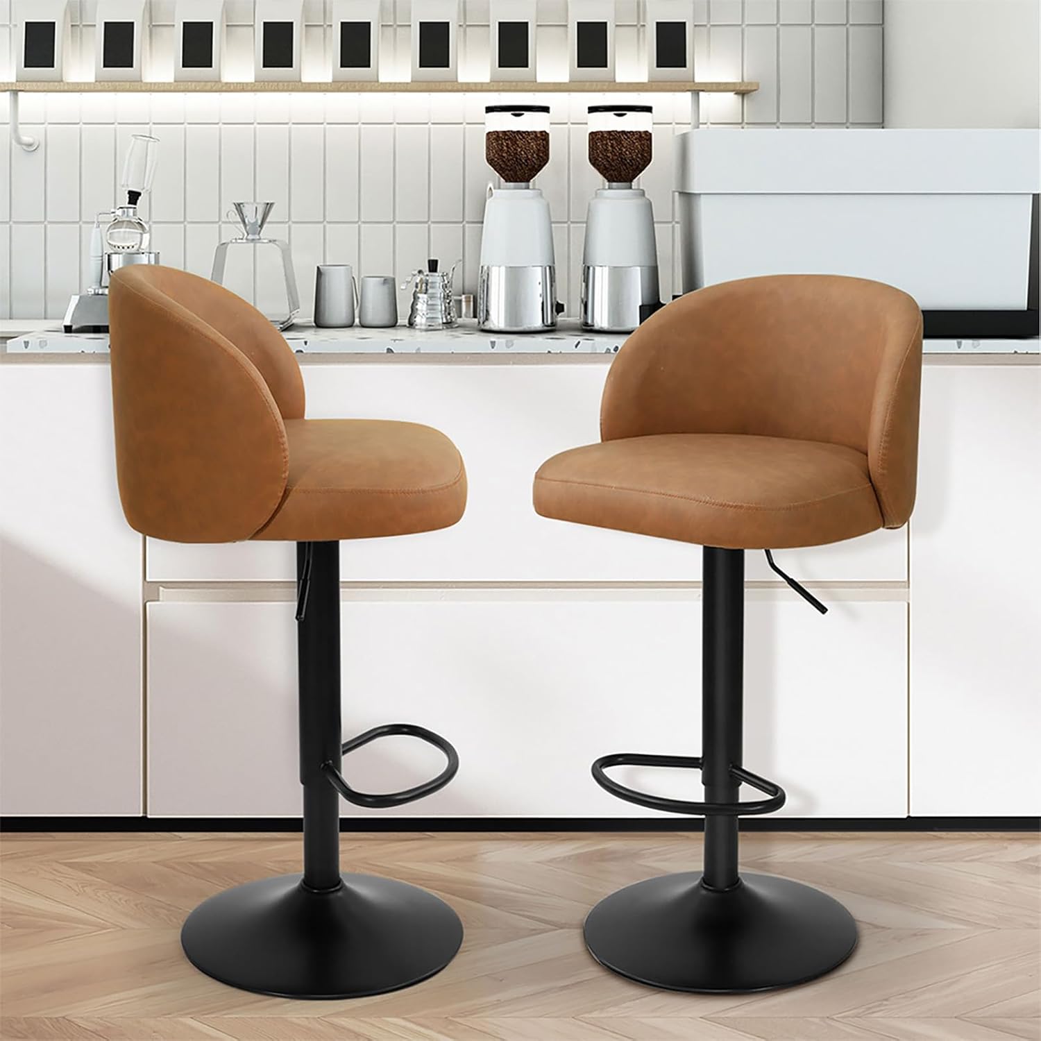 Levede Bar Stools Set of 2, with Back Swivel Barstools, PU Leather ...