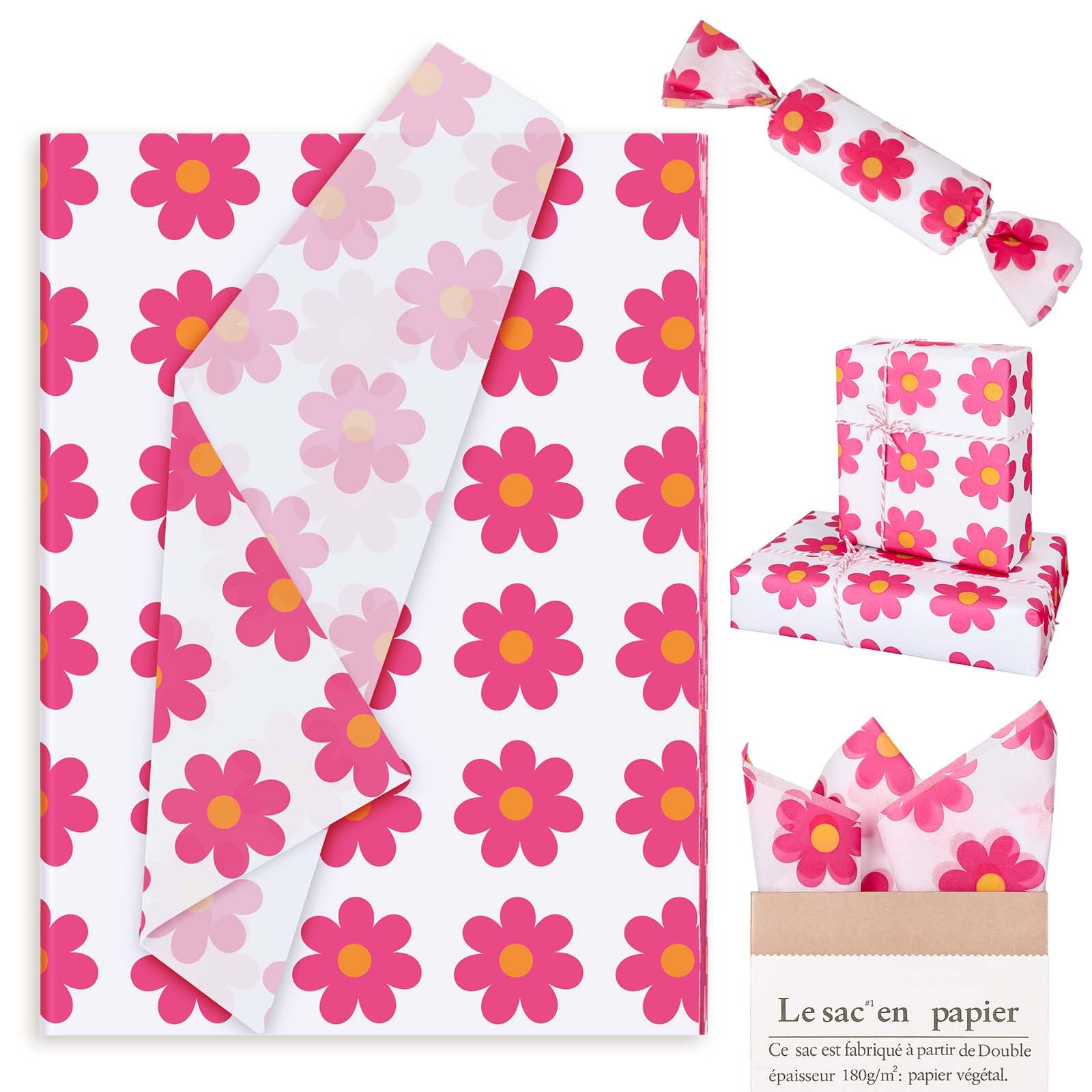 Amazon.com: Whaline 100 Sheets Spring Hot Pink Floral Tissue Paper Boho ...