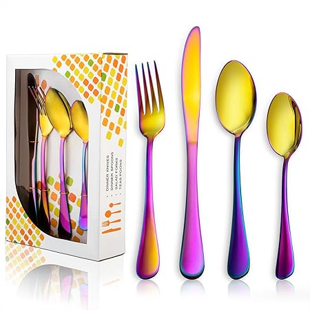 Velaze 24-Piece Flatware Set, Stainless Steel With Colorful Plated ...