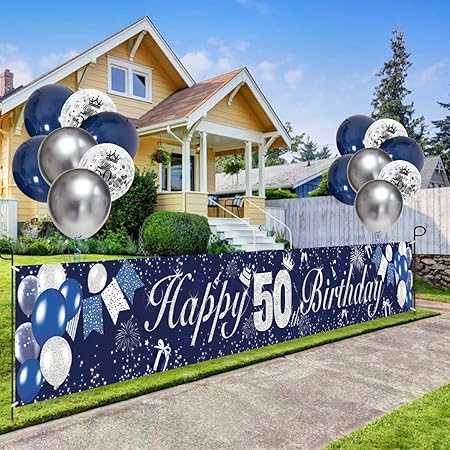 Amazon.com: Large Blue Silver 50th Birthday Banner Backdrop Decoration ...