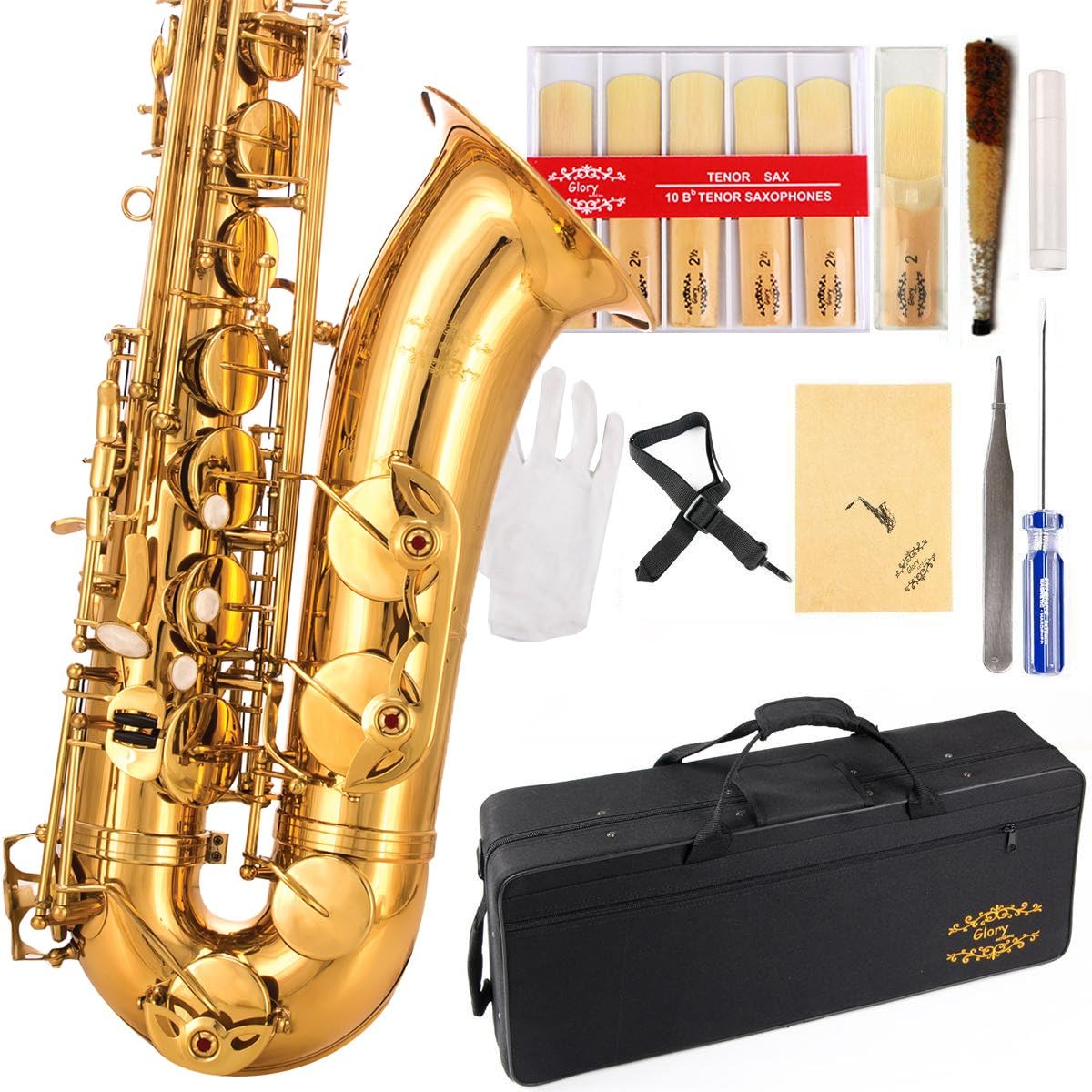 Amazon.com: Glory Gold Laquer B Flat Tenor Saxophone with Case,10pc ...