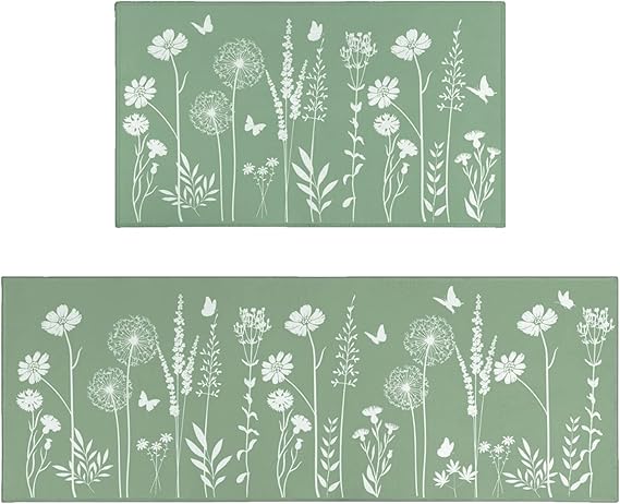 Amazon.com: Sage Green Kitchen Mat Rug Set of 2- Plant Floral Butterfly ...