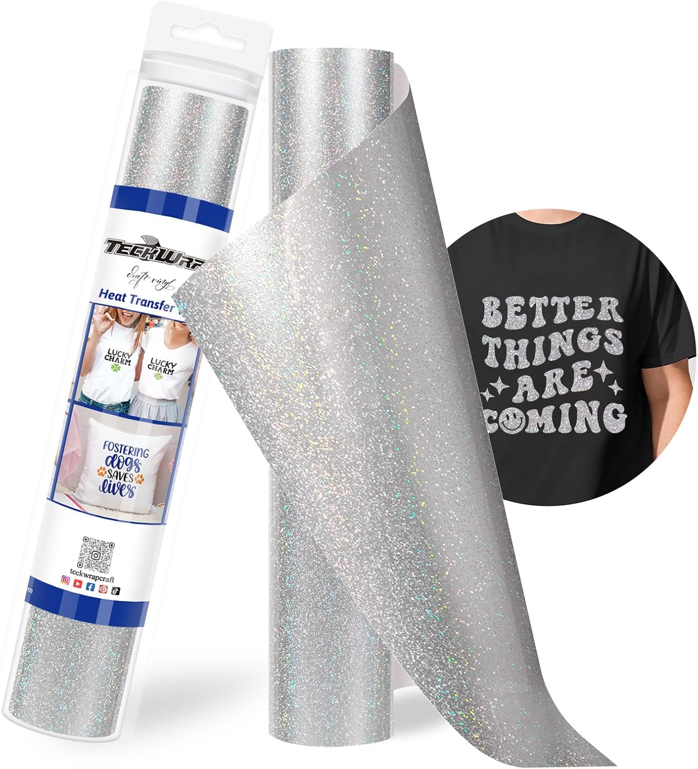 TECKWRAP Sparkle Holographic Heat Transfer Vinyl Shimmer Silver HTV ...