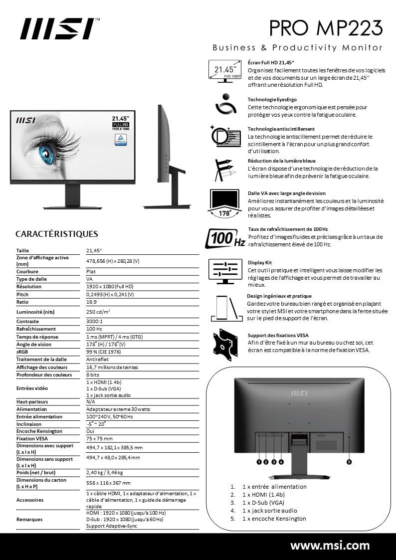 MSI Pro MP223 Écran Bureautique 21,45" Full HD - Dalle VA 1920x1080 ...