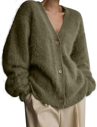 Bnigung Fuzzy Cardigan Sweaters for Women V Neck Button Down Fluffy ...