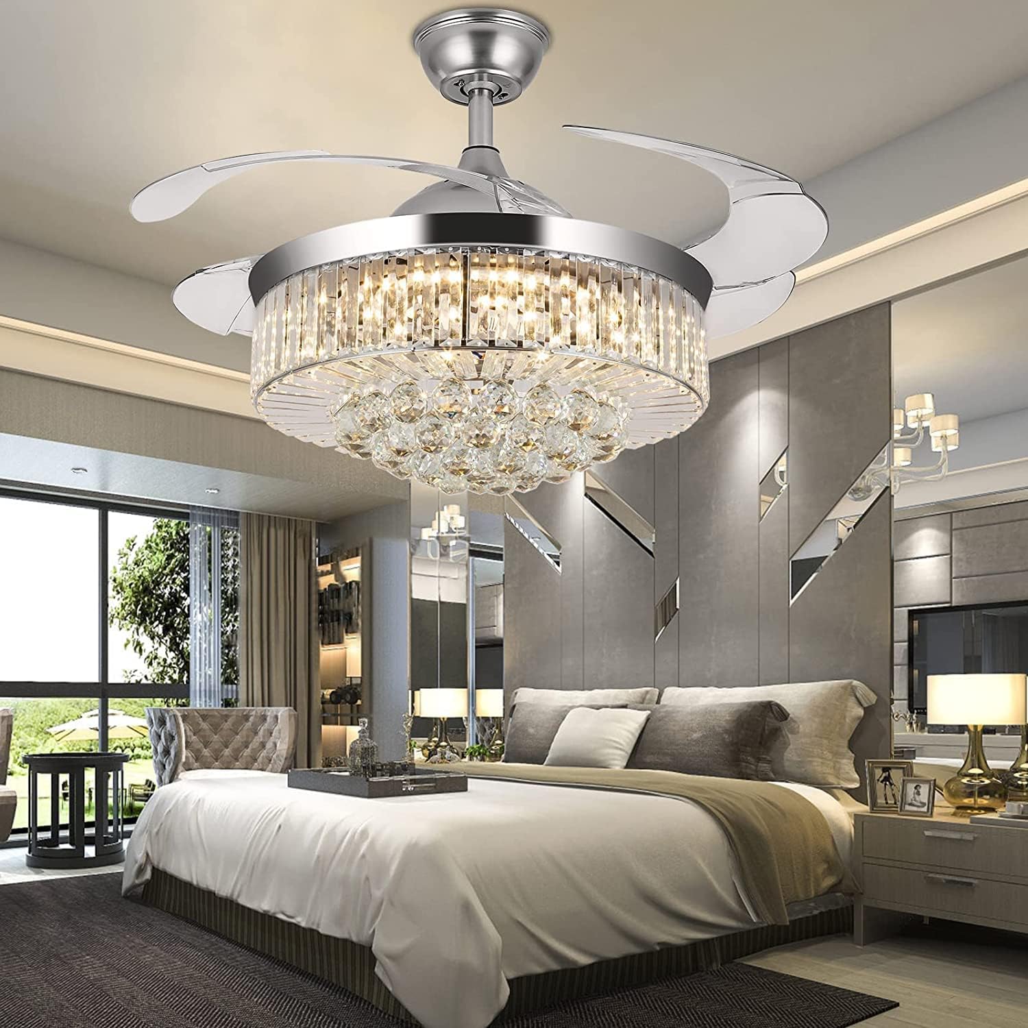 CITRA Crystal Ceiling Fan Chandelier Luxury Quiet Silver Retractable ...