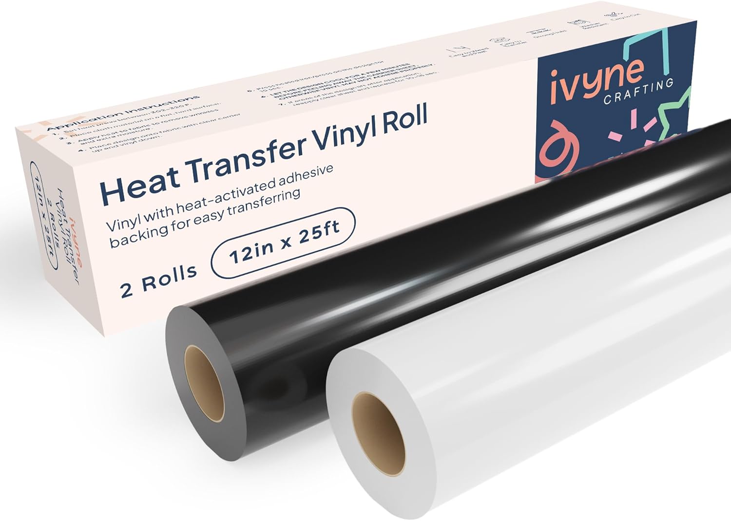 iVyne White & Black Heat Transfer Vinyl - 12" x 25ft PU Iron On Vinyl ...
