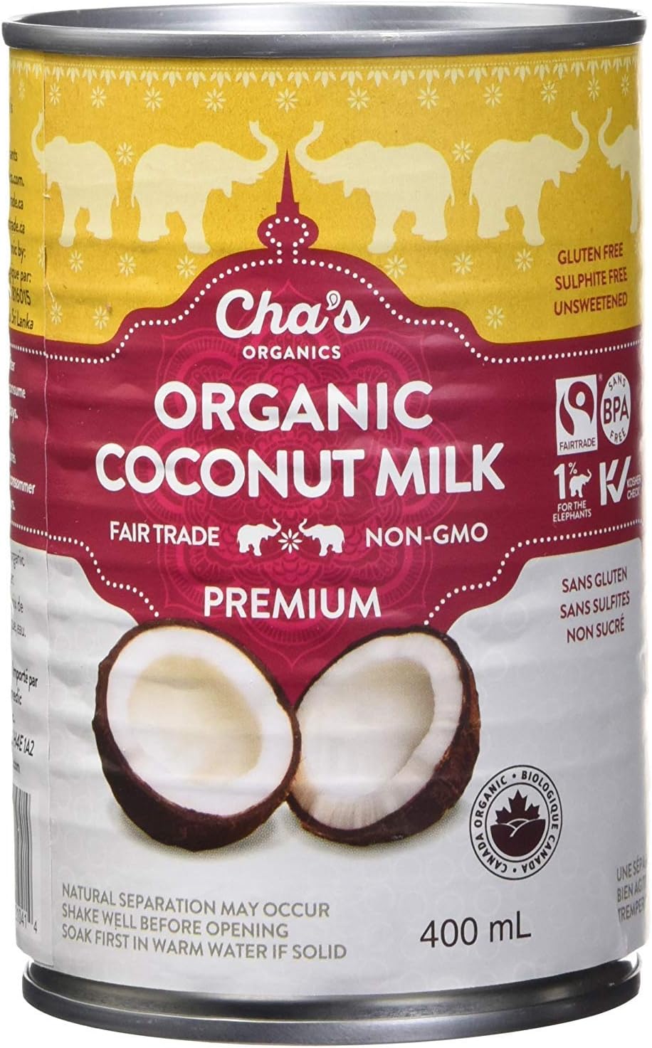 Cha's Organics Organic Coconut Milk Premium, 400 Millilitre (Pack of 6 ...