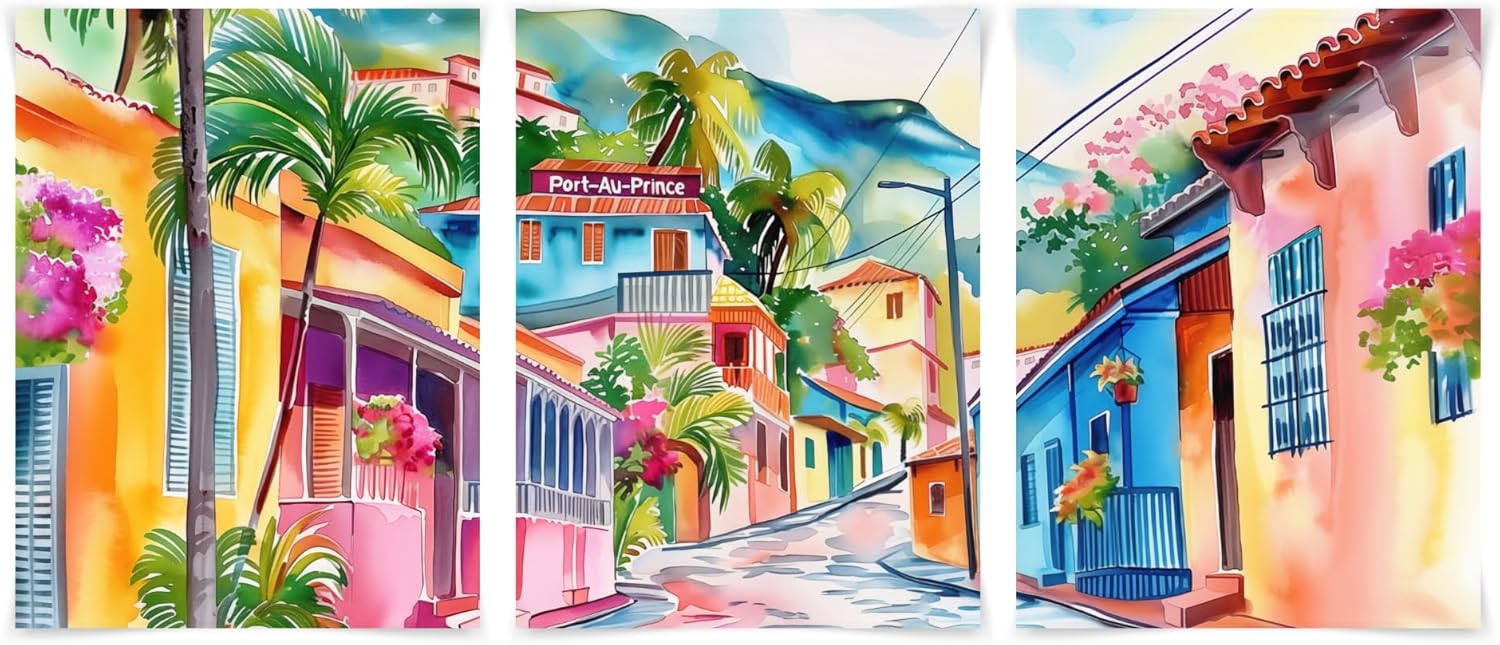 Amazon.com: 12x18 Haiti Cityscape Watercolor Print Set of 3, Colorful ...