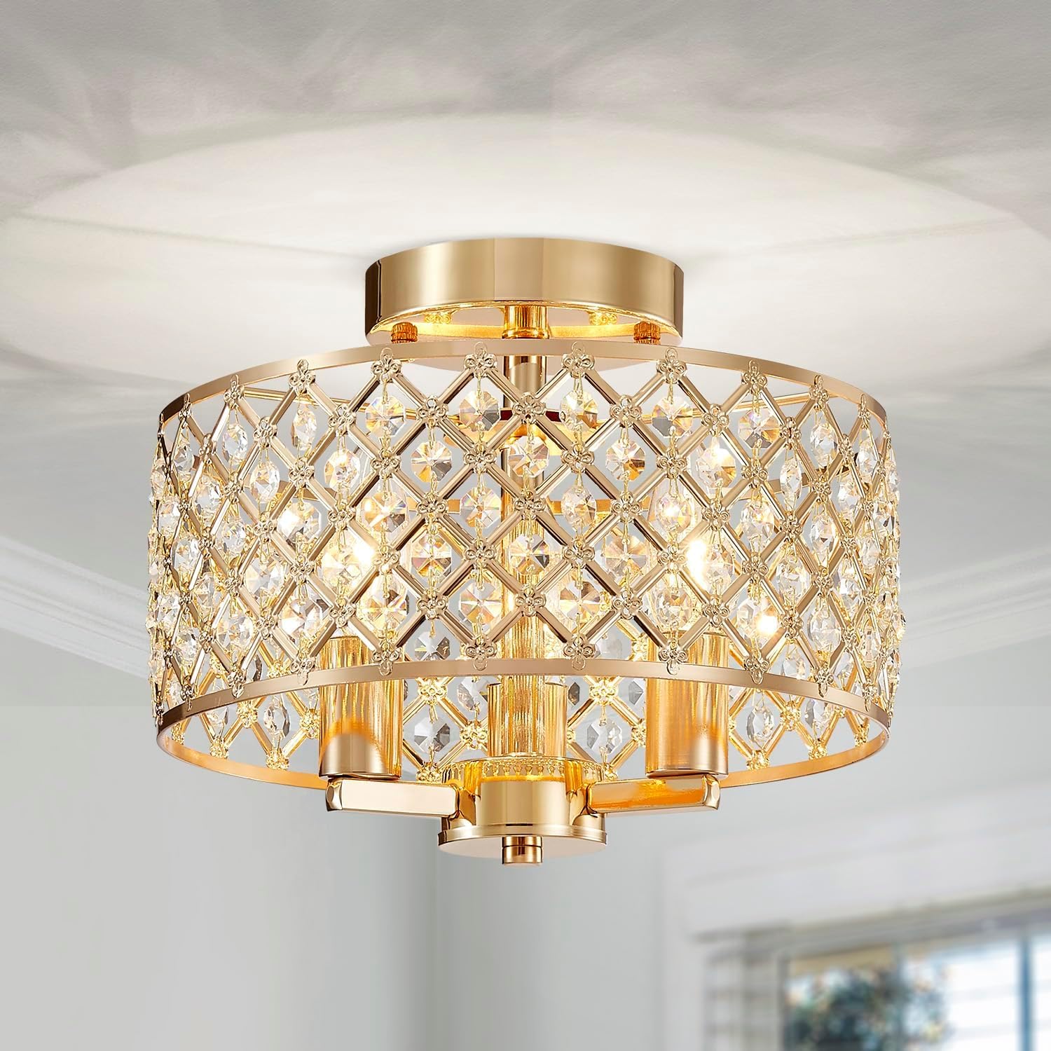 Gold Crystal Semi Flush Mount Pendant Modern Ceiling Light Chandelier