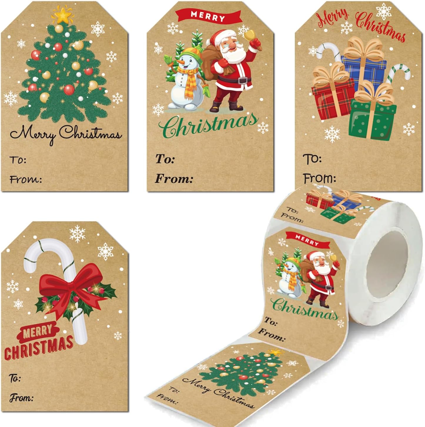 Amazon.com : 300 2.5"x2.5" Pieces Christmas Themed Kraft Paper Label ...
