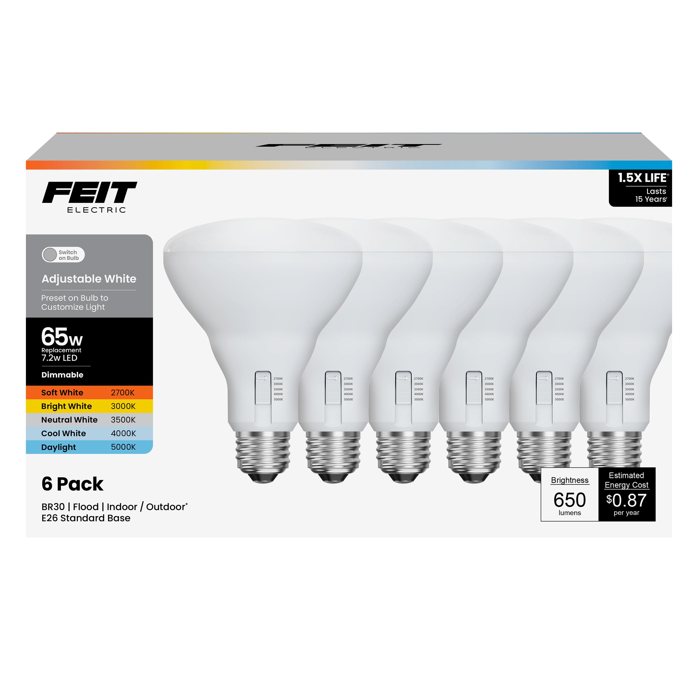 Feit Electric BR30 LED Flood Light Bulb, 65W Equivalent, Dimmable, 5CCT ...