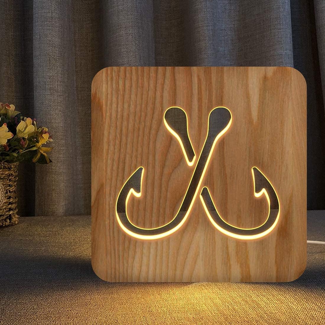 LECO TECH Double Fish Hooks Wooden Carving Night Light Warm White LED ...