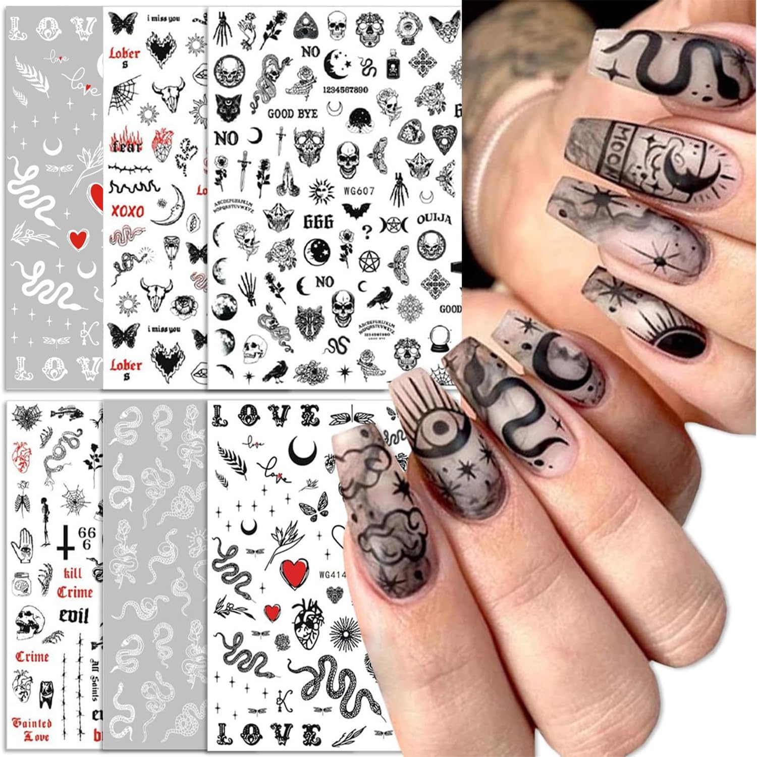 Amazon.com: 6 Sheets Snake Nail Art Stickers,Black Skull Goth Nail ...