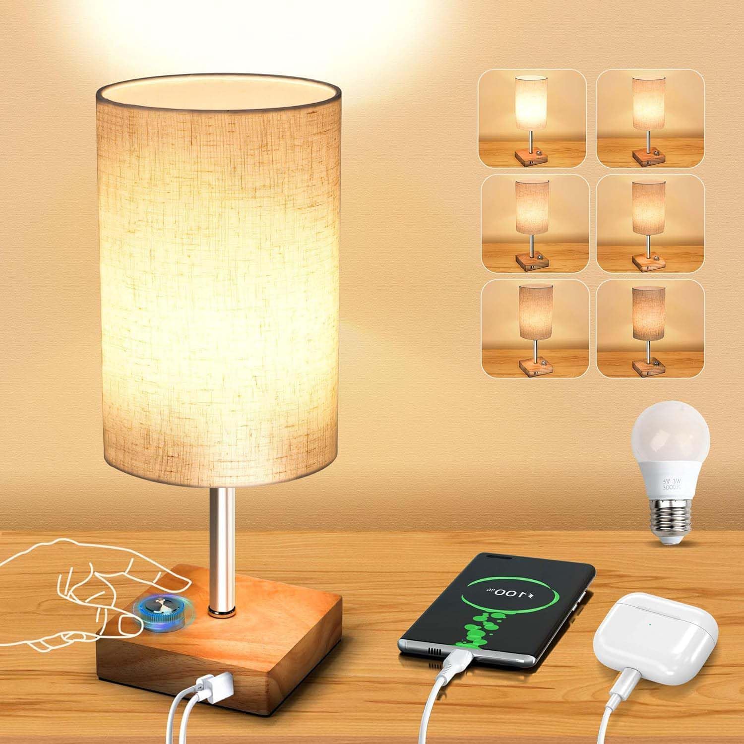 Table Lamp with USB Port, Stepless Dimmable USB Bedside Lamp with Wood ...