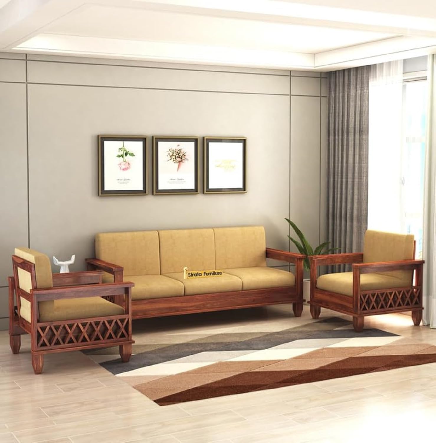 Strata Furniture Solid Sheesham Wood 5 Seater Sofaset For Living Rooms ...