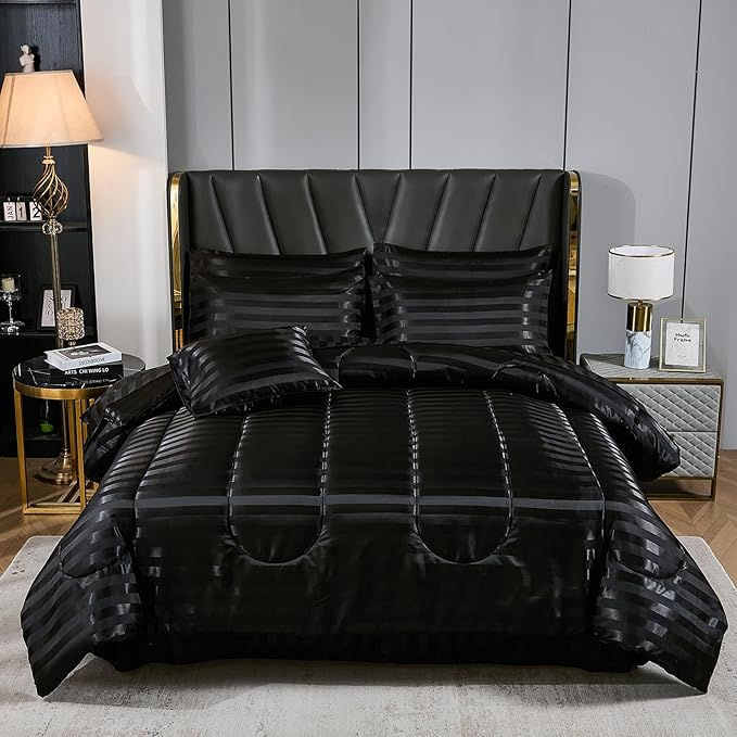 Amazon.com: Merryword Black Satin Bed in a Bag 8 Pieces Queen Size ...