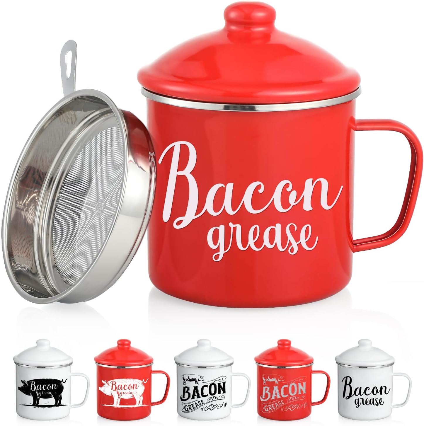 Amazon.com: Bacon Grease Saver with Fine Strainer, Enamel Grease Can ...