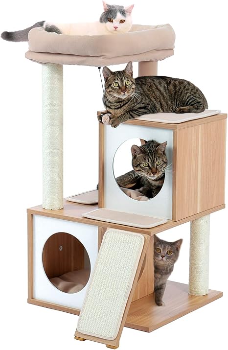 PAWZ Road [86CM=34''] Arbre à chat en bois avec double niche pour chats ...