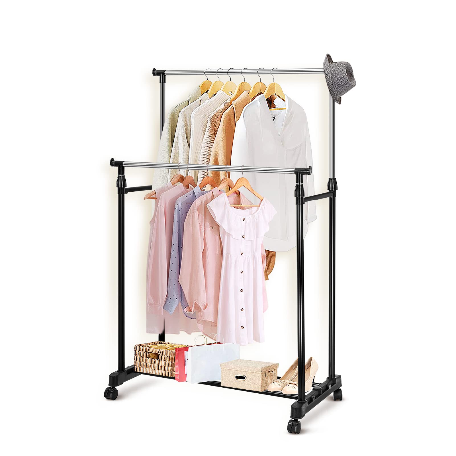 YORKING Double Clothes Rail Adjustable Clothing Rail for Bedroom ...