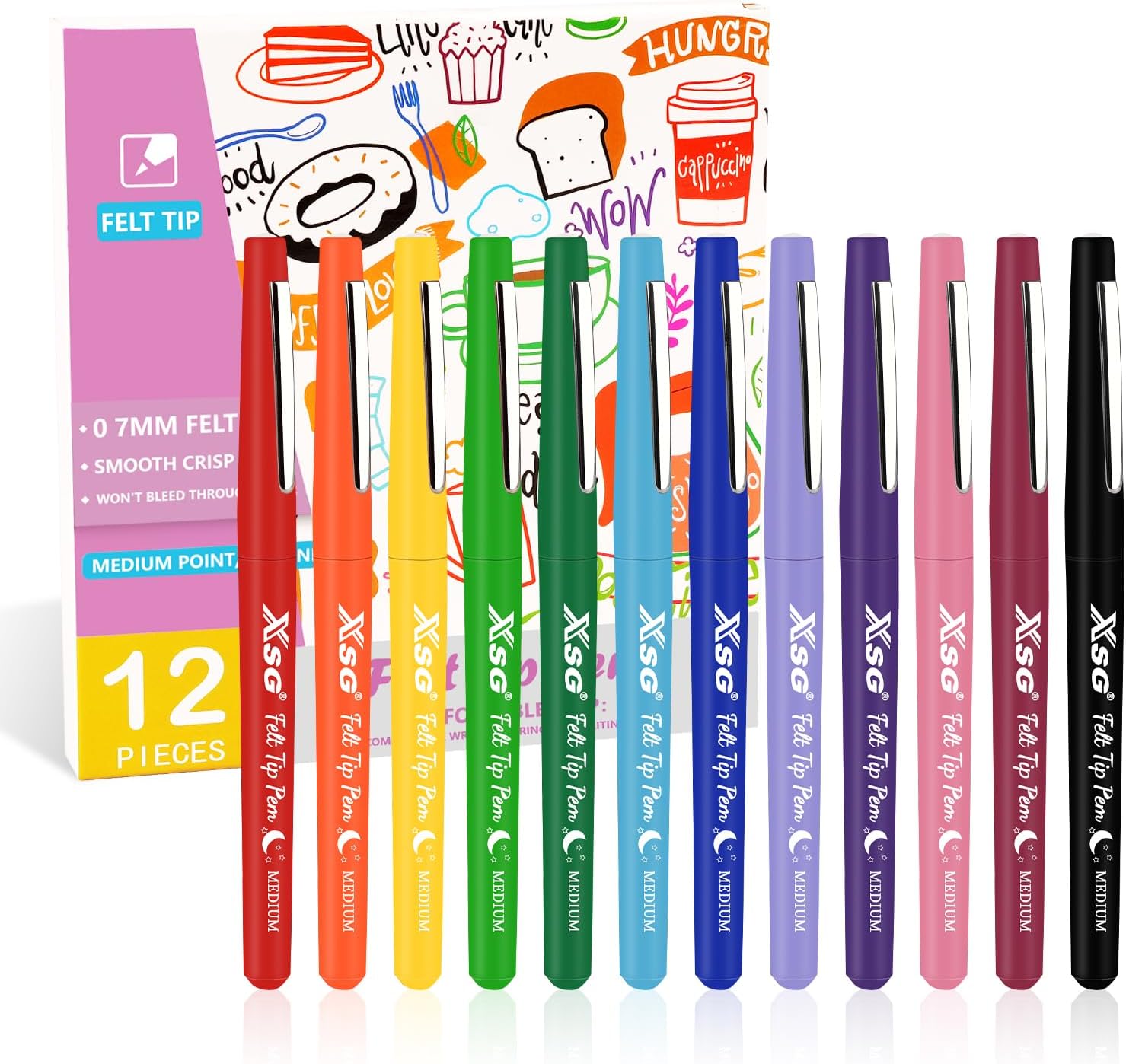 Felt Tip Pens，Felt pens with no bleed,12 color pens,Felt tip Pens for ...