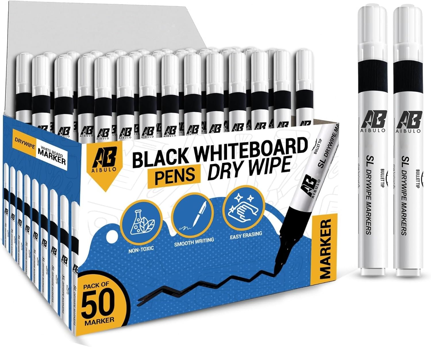 Aibulo 50x Black Whiteboard Pens | Dry Wipe Marker Bullet Tip | Non ...