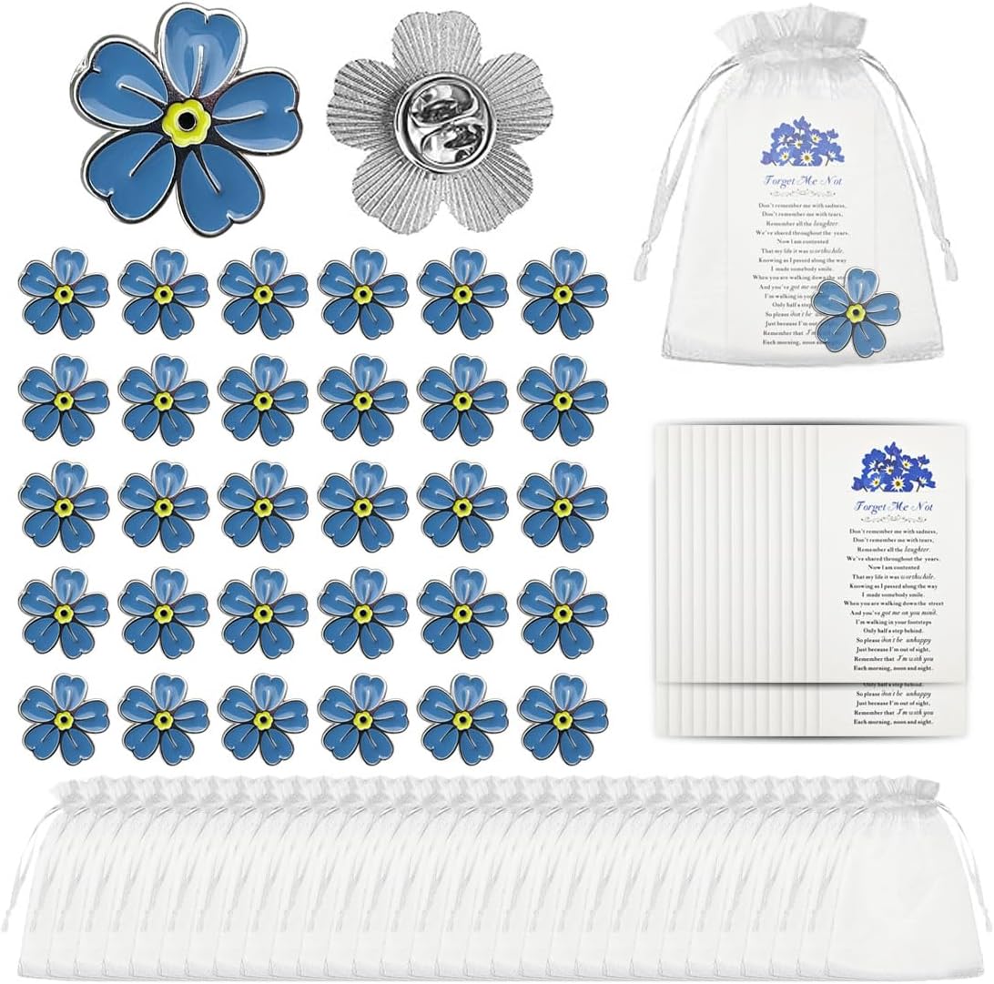 SHSMPXOY 30 Sets Forget Me Not Memorial Pin Flower Lapel Brooch Funeral ...