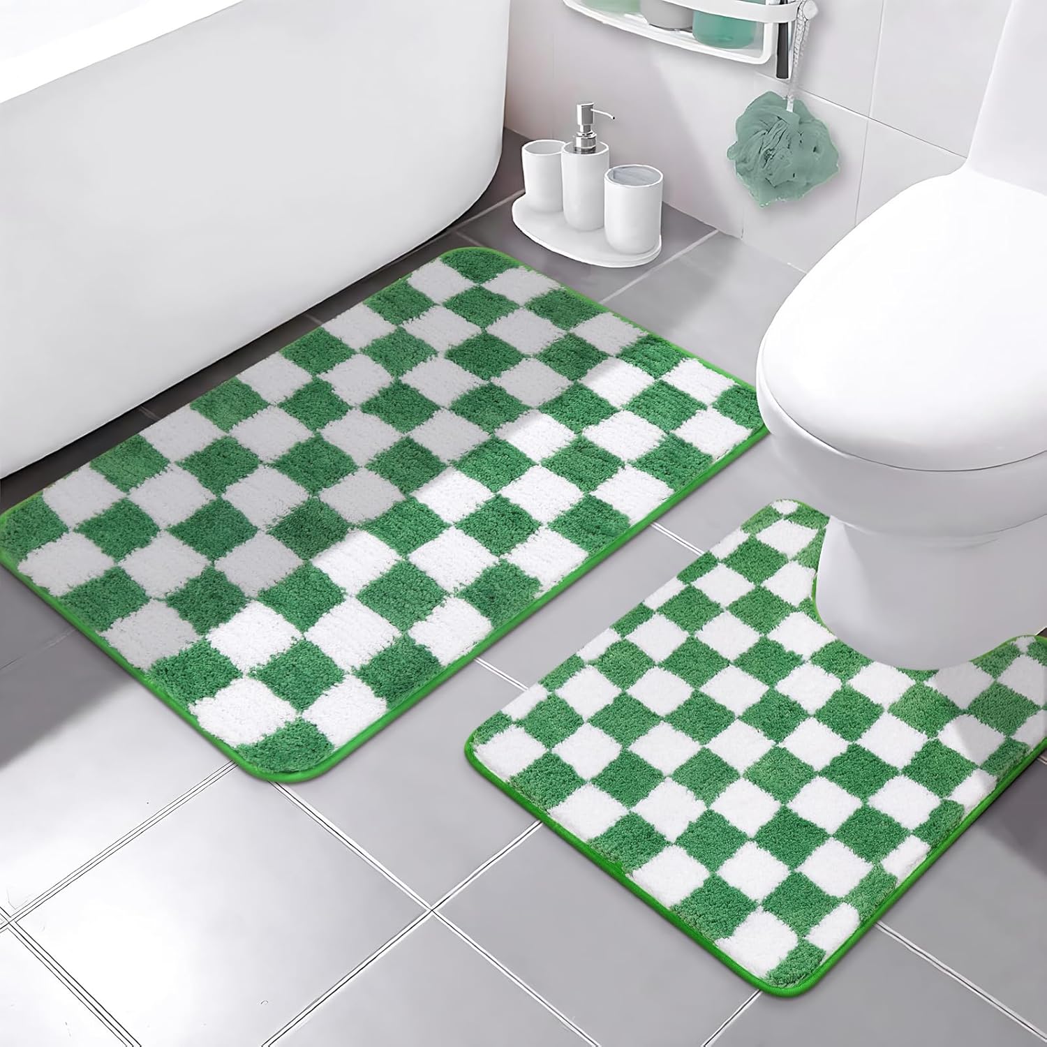 Amazon.com: Sivilife Checkered Bathroom Rug Sets 2 Piece, Green ...