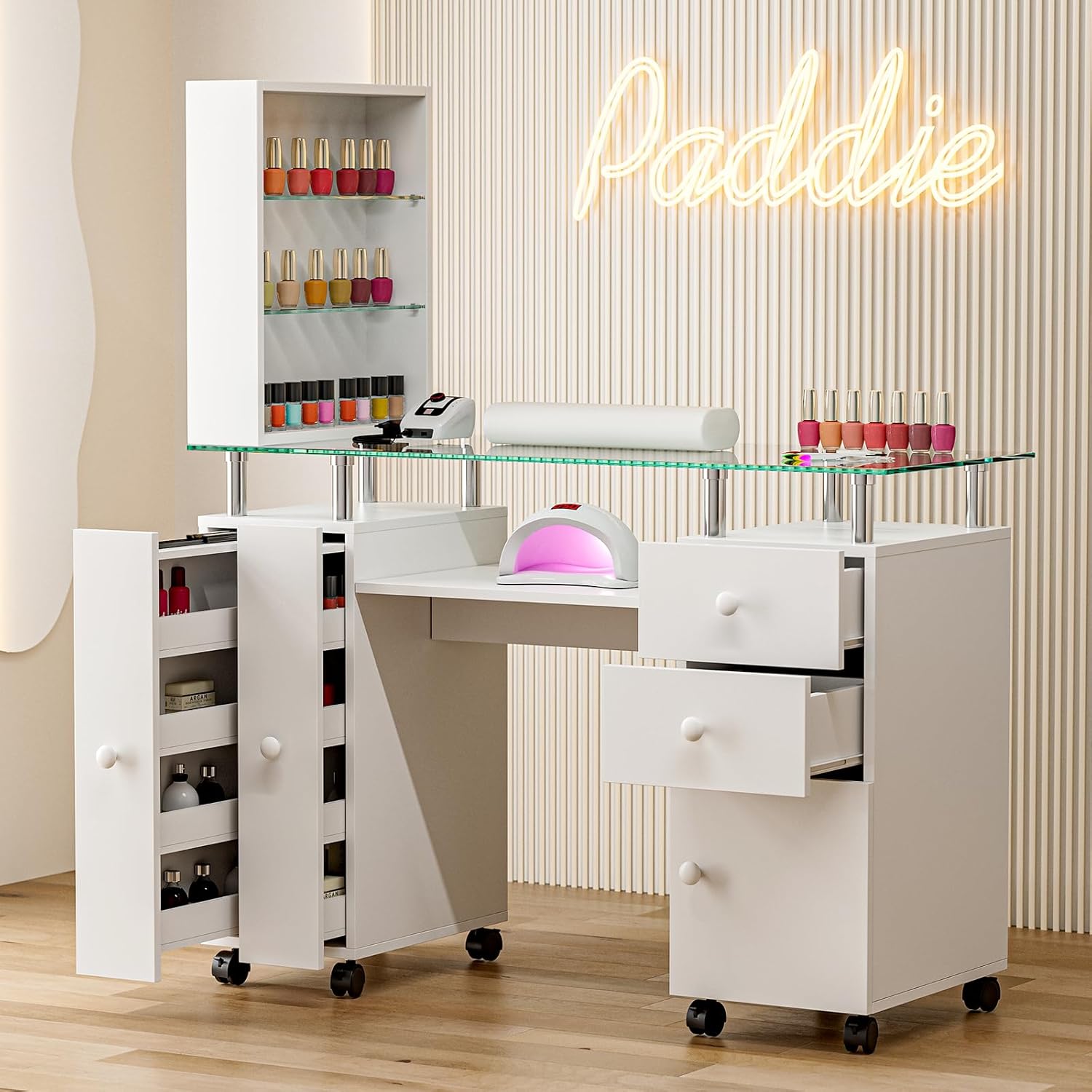 Amazon.com: Paddie Manicure Table Nail Tech Table, Glass Top Nail Desk Station for Nail Tech w ...