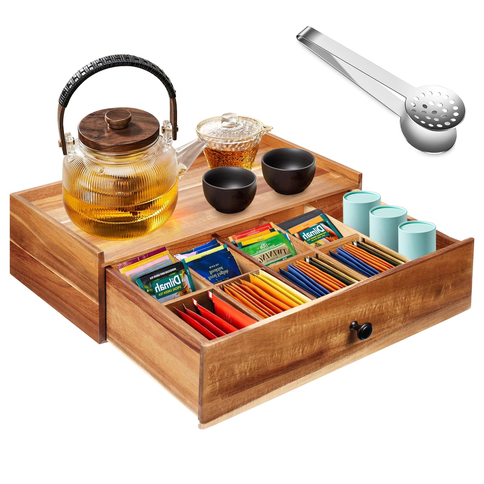 Amazon.com: Acacia Wood Tea Bag Organizer with Tea Bag Squeezer, Tea ...