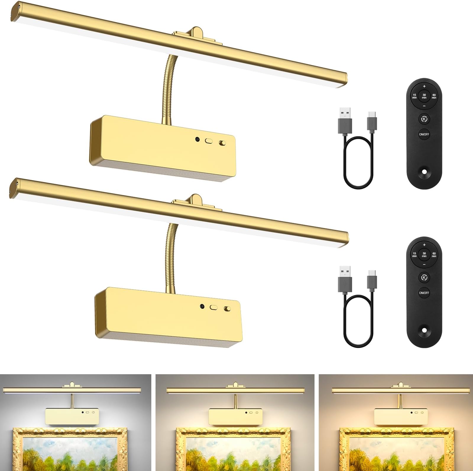 Picture Light with Remote, 15.35inch Wireless Rechargeable Battery Wall ...