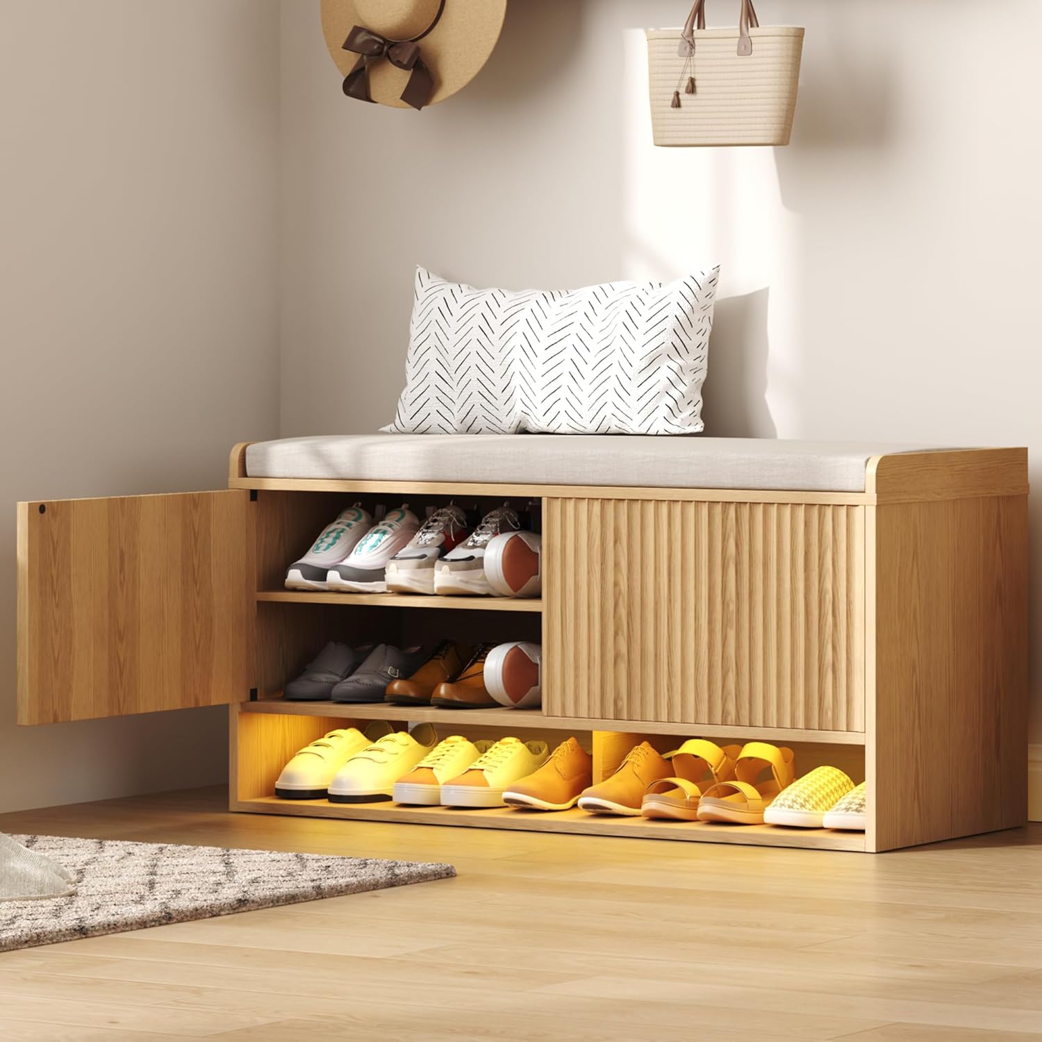 Amazon.com: HOMEFORT 39.4" Fluted Shoe Storage Bench, Entryway Bench ...