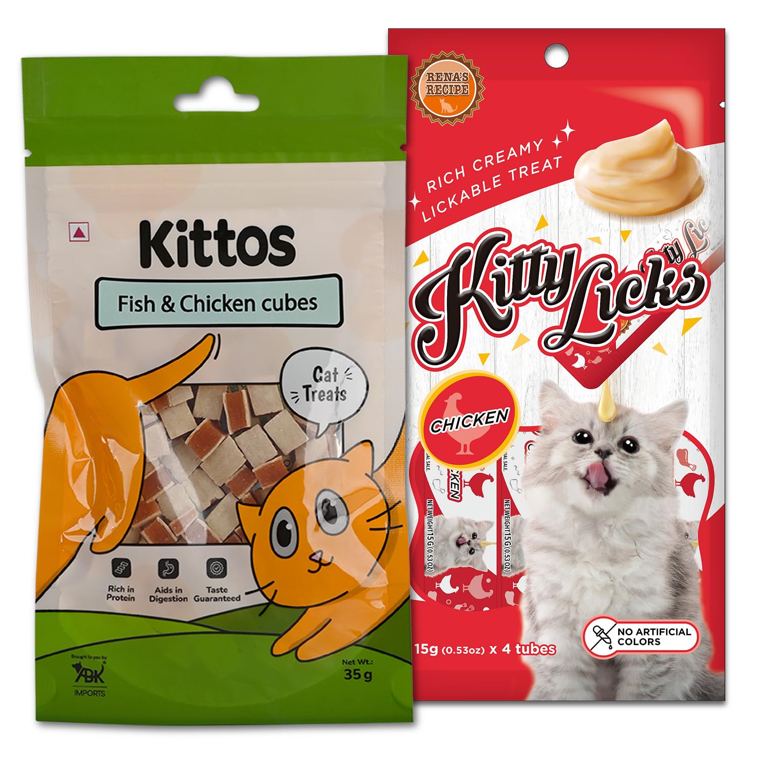 Cat Snacks Combo - Kittos Protein Rich Fish Chicken Cubes (35g) and ...