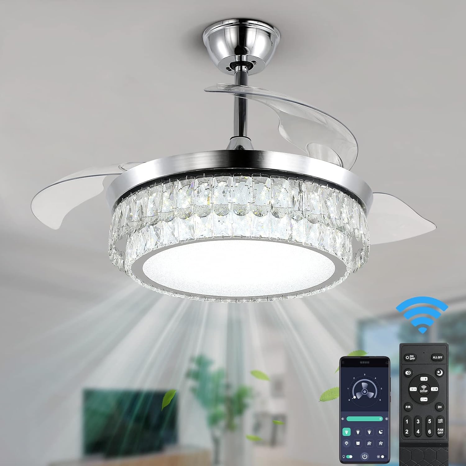 Amazon.com: GreeLustr 42” Crystal Ceiling Fan Light Modern Dimmable App ...