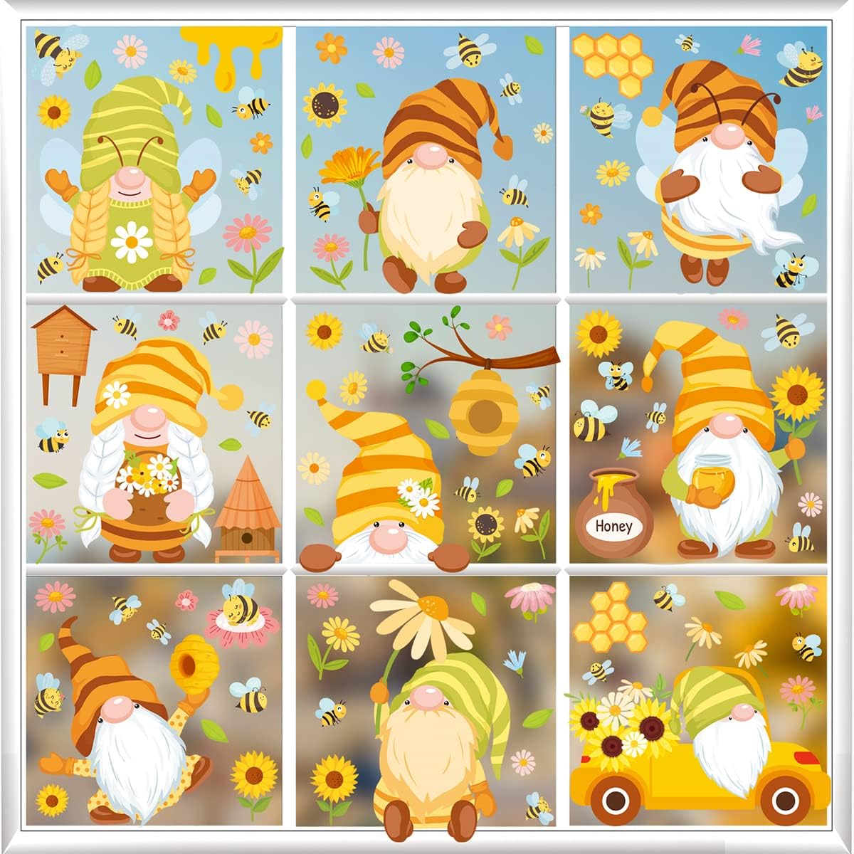 Amazon.com: Honey Bumble Bee Window Clings for Glass Gnome Sunflowers ...