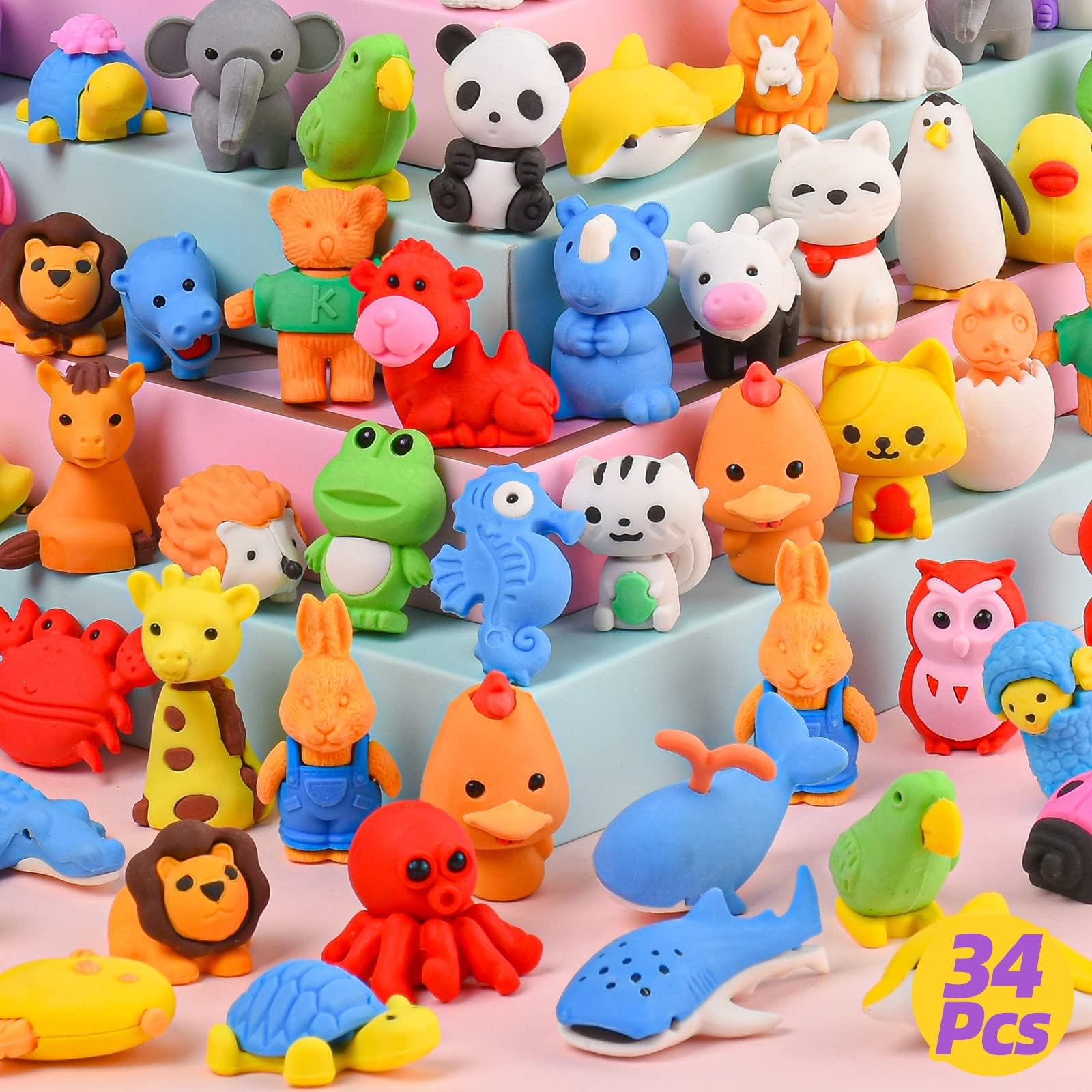 Amazon.com: Kaemi 34Pcs Animal Erasers - Kids Desk Pets Bulk 5D Puzzle ...