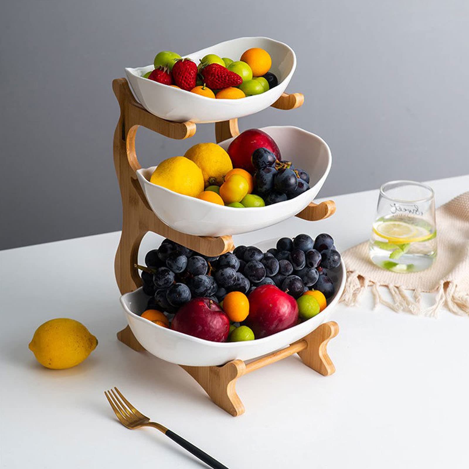 Ceramic Fruits Bowls - White 3 Tier Oval Bowl Set with Natural Bamboo ...