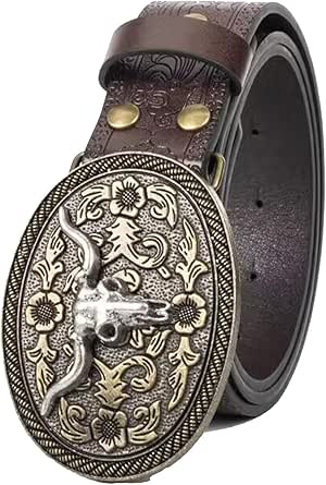 Western Cowboy Genuine Leather Belt with Longhorn Bull Buckle, Unisex ...