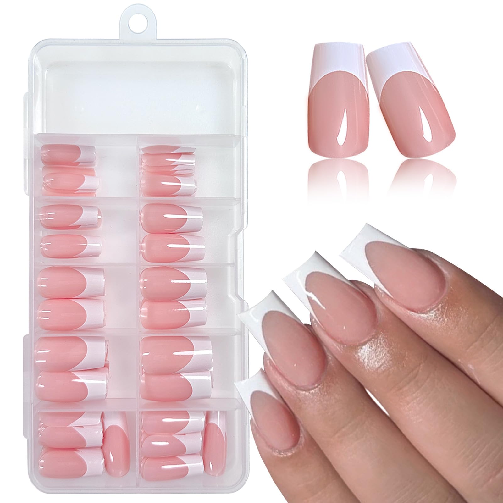 Amazon.com: French Tip Press on Nails Short Square Fake Nails Press ons ...