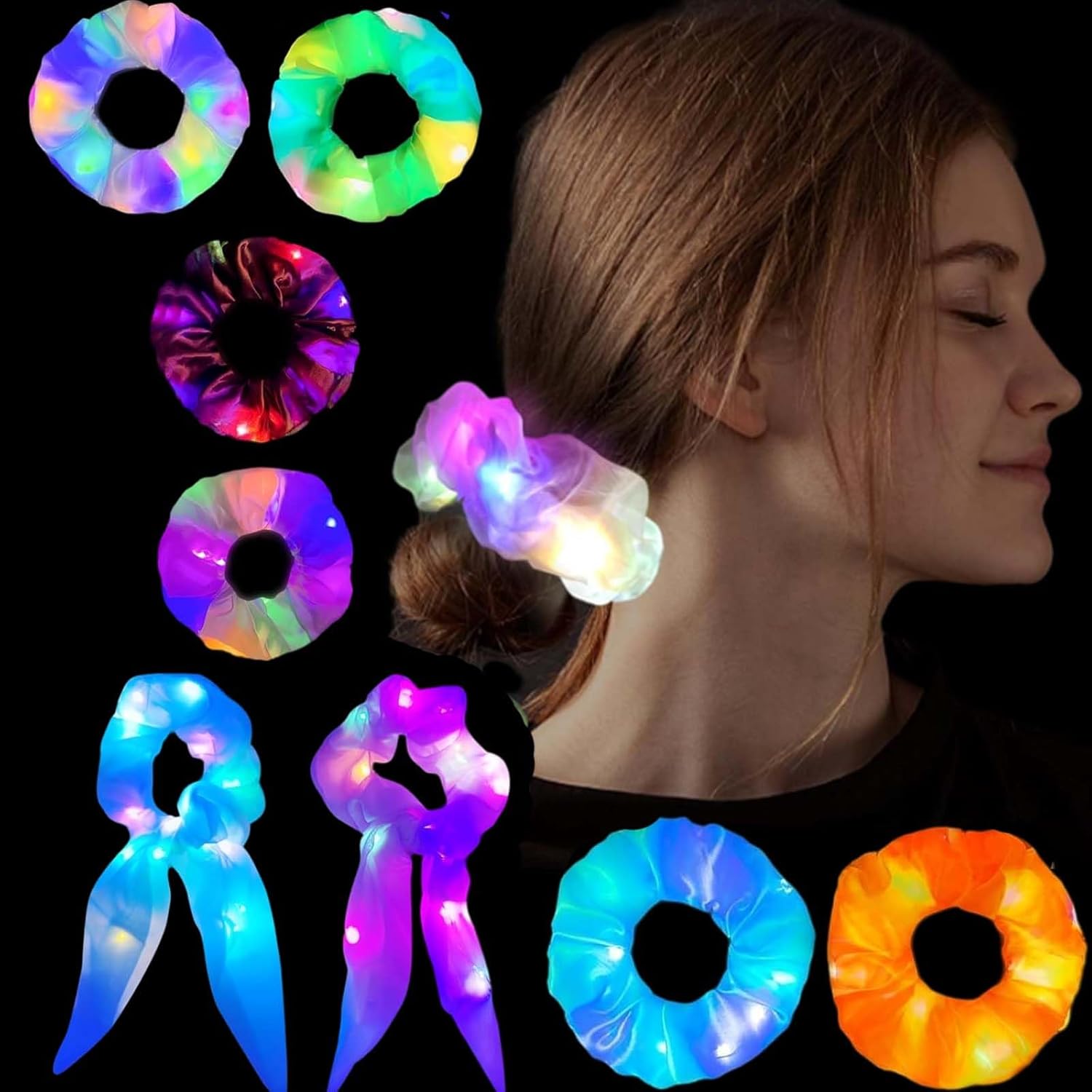 LED Hair Scrunchies for Women, 8 Pcs Colorful Light Up Elastic Hair ...