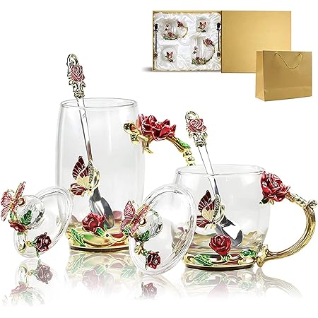 Amazon.com | LANTREE Fancy Glass Tea Cup with Lid Saucer Spoon Flower ...