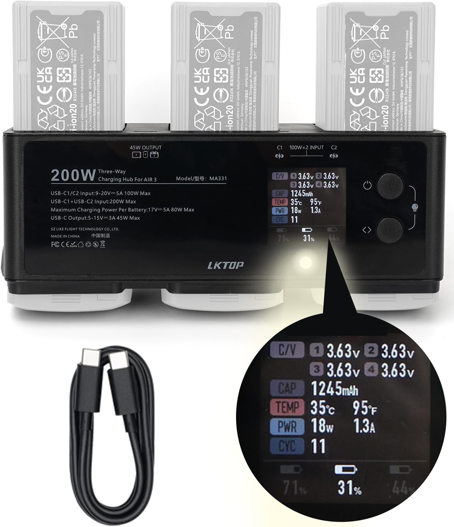 Amazon.com: LKTOP 200W Air 3/Air 3S Battery Fast Charger Hub for DJI ...